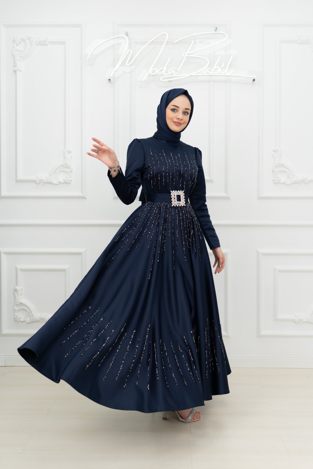 Roma Taş Şerit Detay Tafta Tesettür Kloş Midiboy Prenses Abiye Lacivert ...