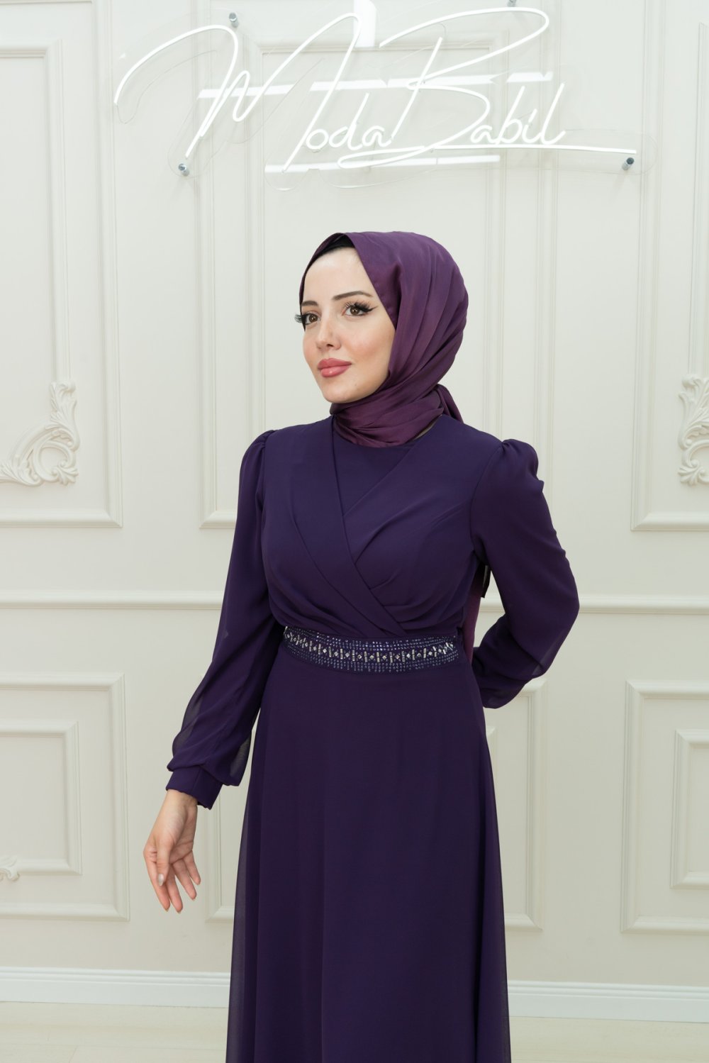 Zeul Kemer Taş Detay Arka Bağlamalı Kemer Şifon Tesettür Kloş Abiye Mor ...